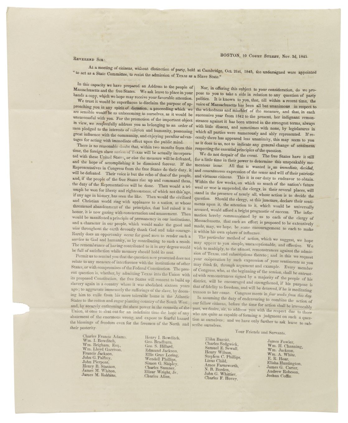 “Anti-Texas” Opposes Annexation as a Slave State, Signed in type by ...