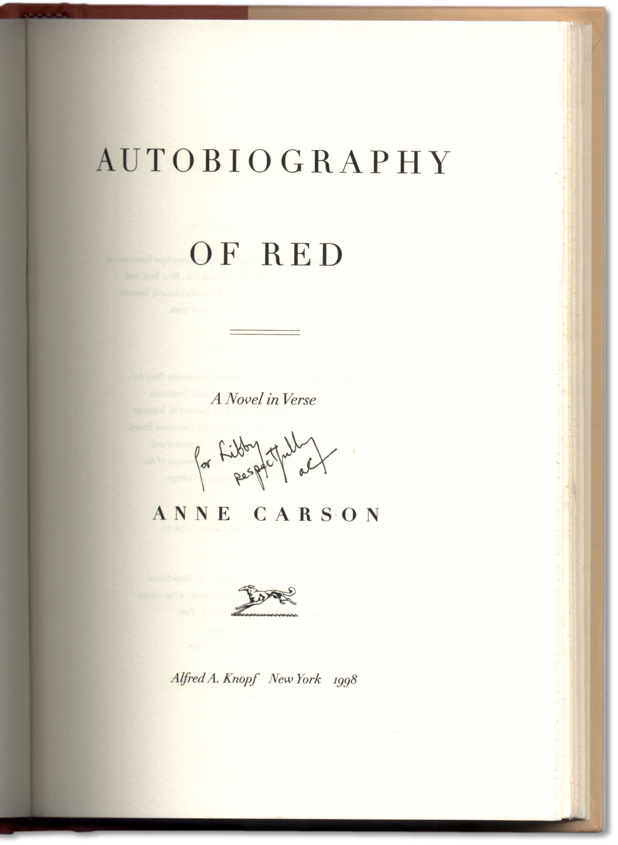 The Autobiography of Red. by Anne CARSON - Signed First Edition - 1998 ...