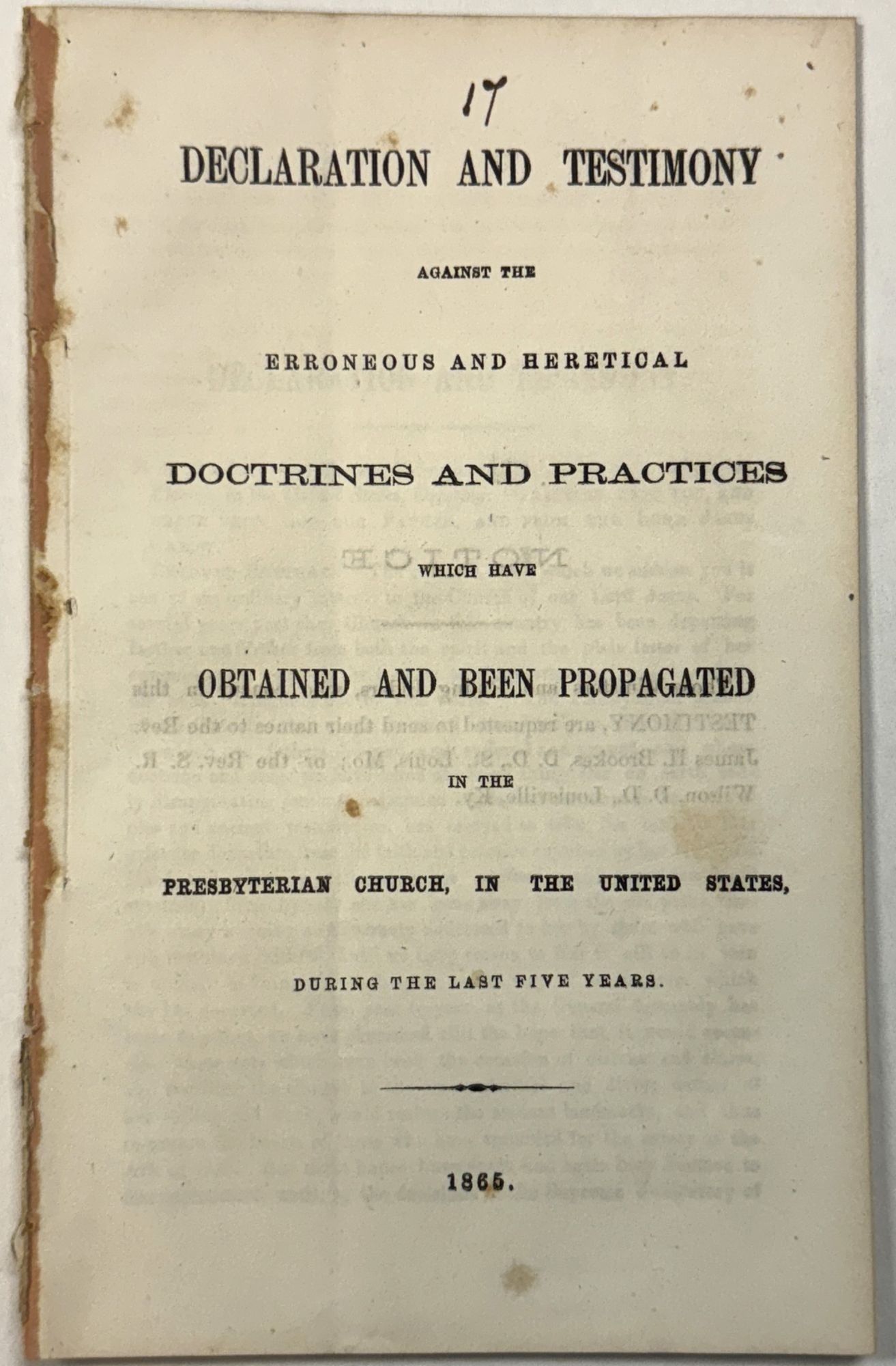 DECLARATION AND TESTIMONY AGAINST THE ERRONEOUS AND HERETICAL DOCTRINES ...