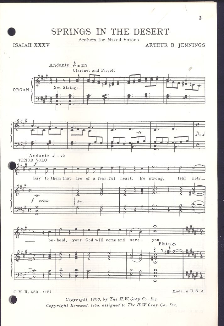 Springs in the desert, anthem for mixed voices, with tenor solo and ...