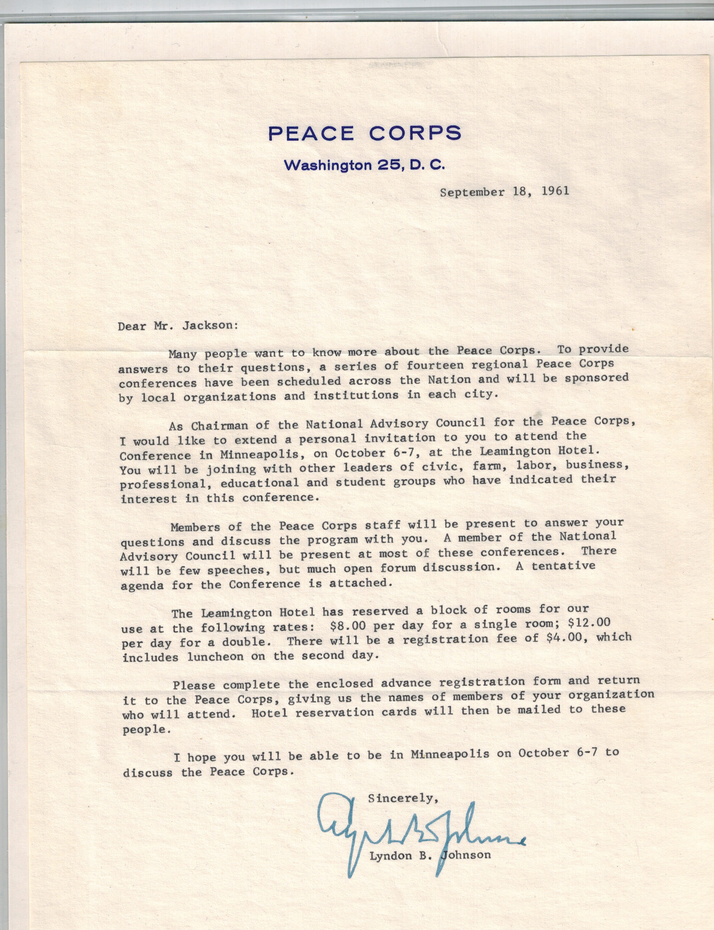 BIBLIO | Two Typed Letters Signed on Peace Corps Letterheads, 1961 by ...