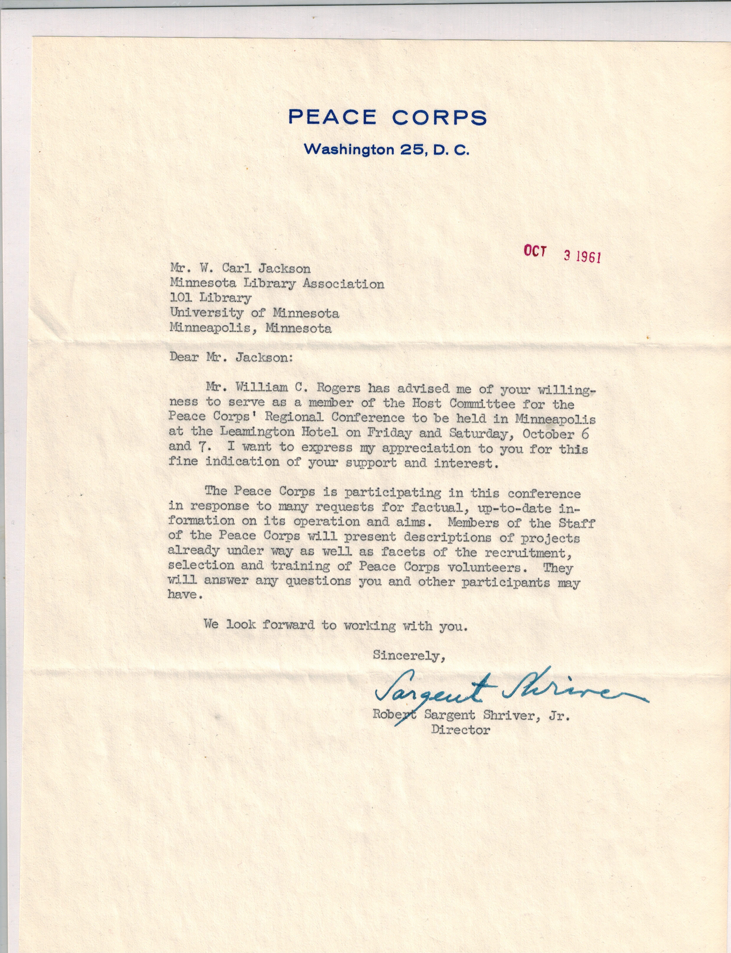 BIBLIO | Two Typed Letters Signed on Peace Corps Letterheads, 1961 by ...