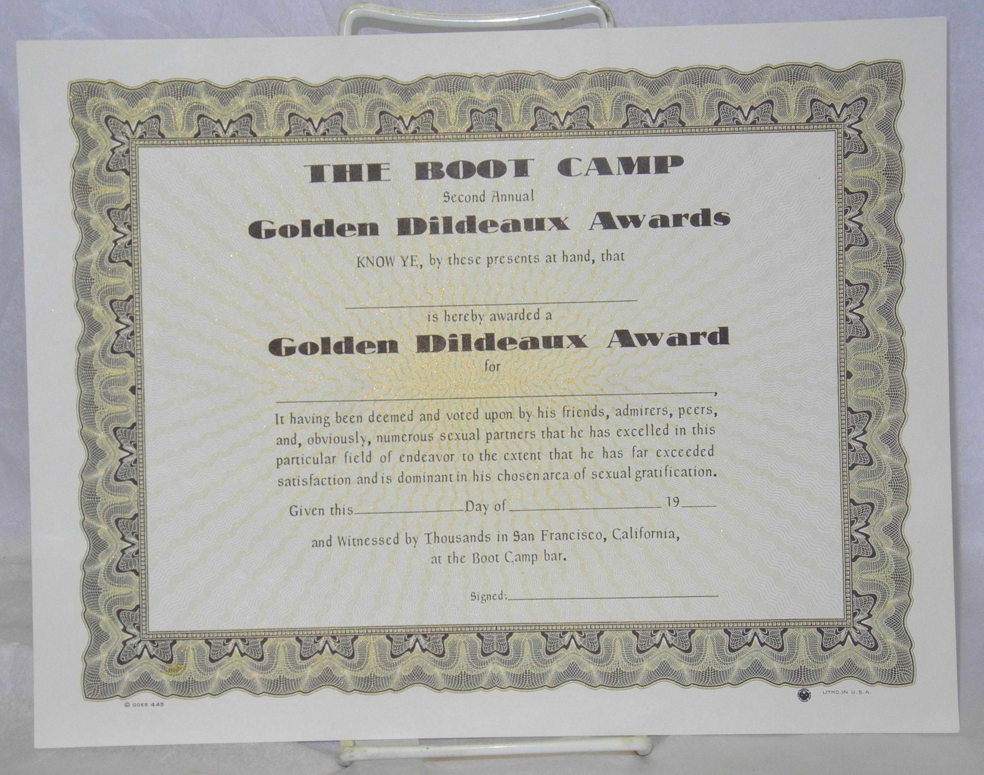 The Boot Camp Second Annual Golden Dildeaux Awards [certificate]