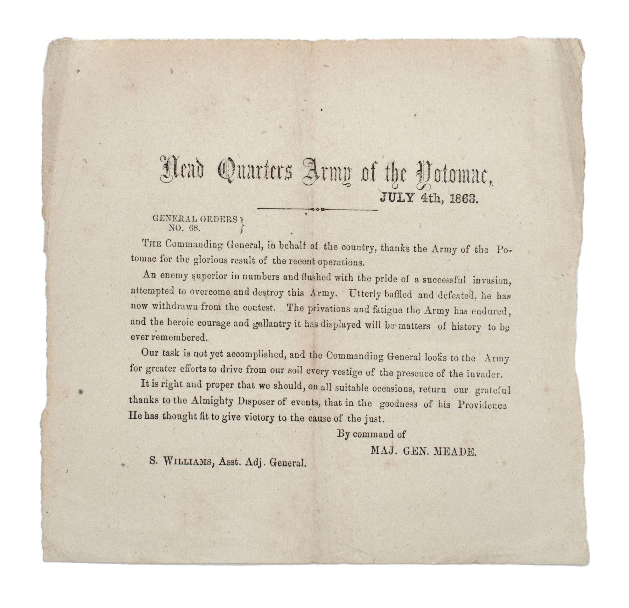 Head Quarters Army of the Potomac, July 4, 1863. General Orders No. 68 ...
