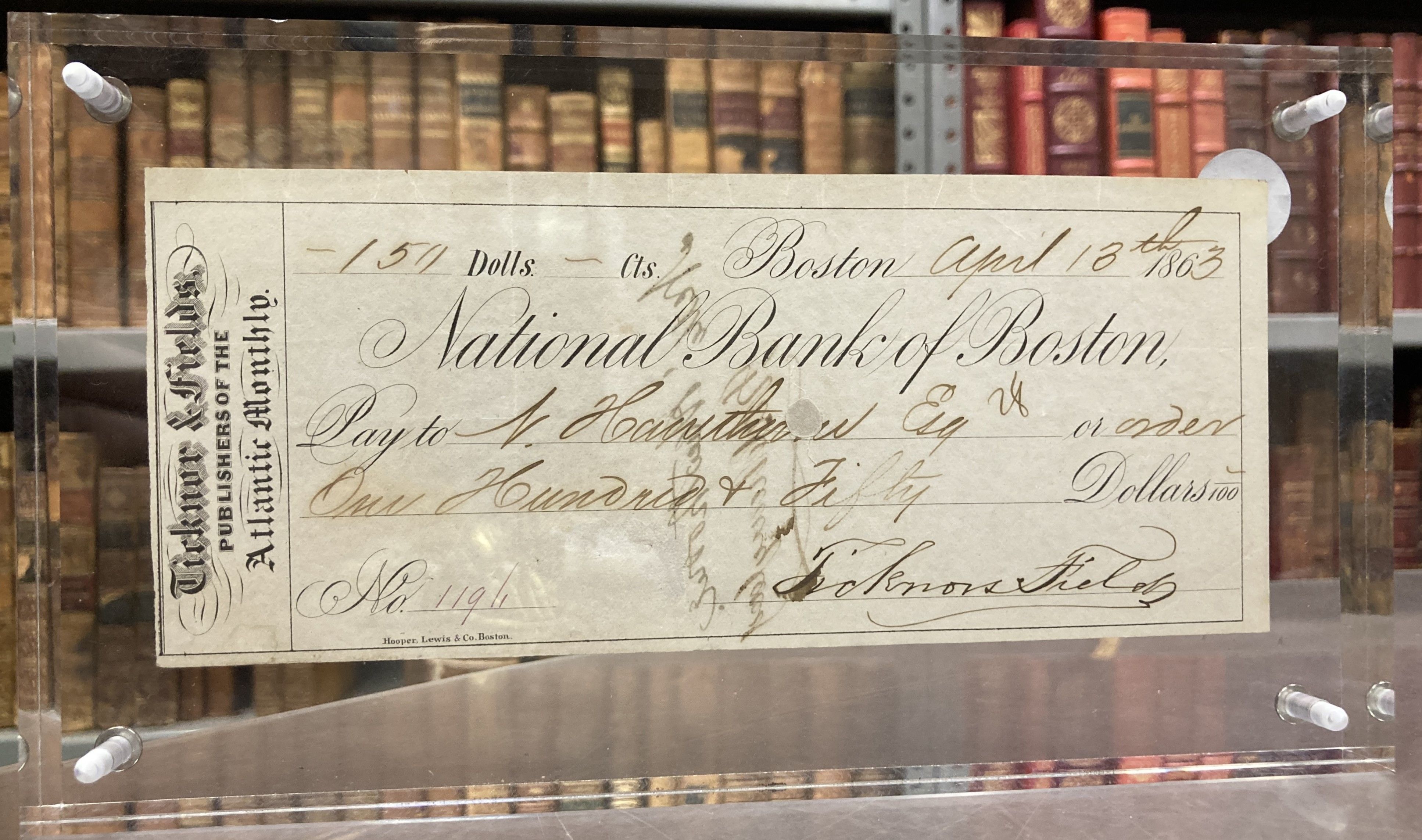 Endorsed check from publishers Ticknor & Fields by Hawthorne, Nathaniel ...