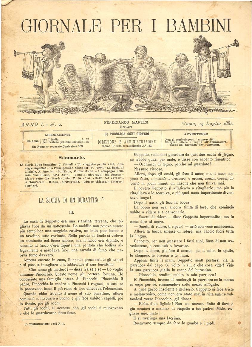 PINOCCHIO - FIRST APPEARANCE IN GIORNALE PER I BAMBINI by COLLODI ...