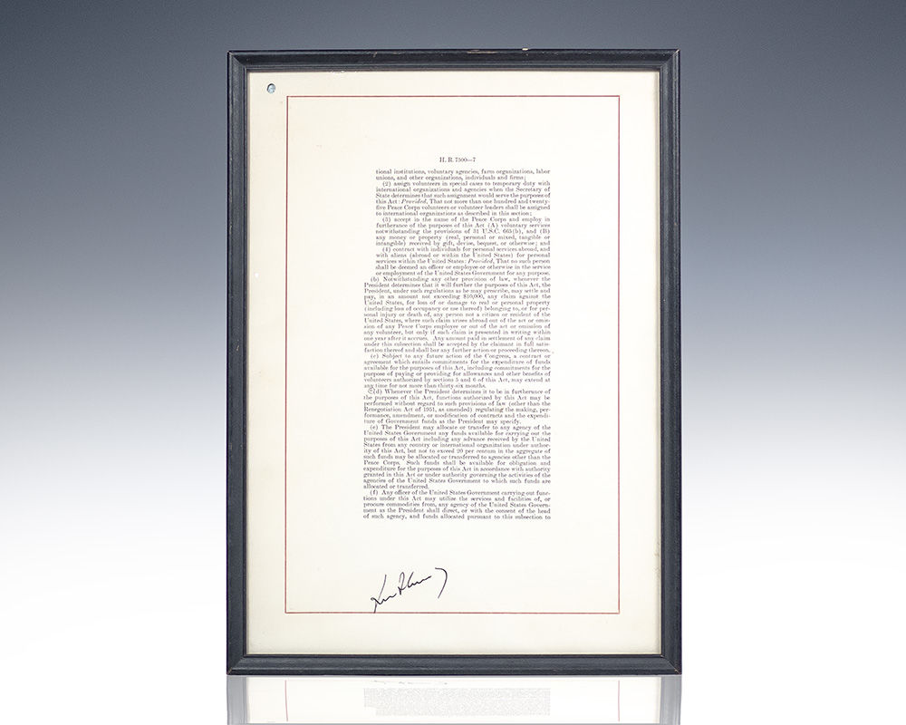 BIBLIO | John F. Kennedy Signed Peace Corps Act Page. by Kennedy, John ...