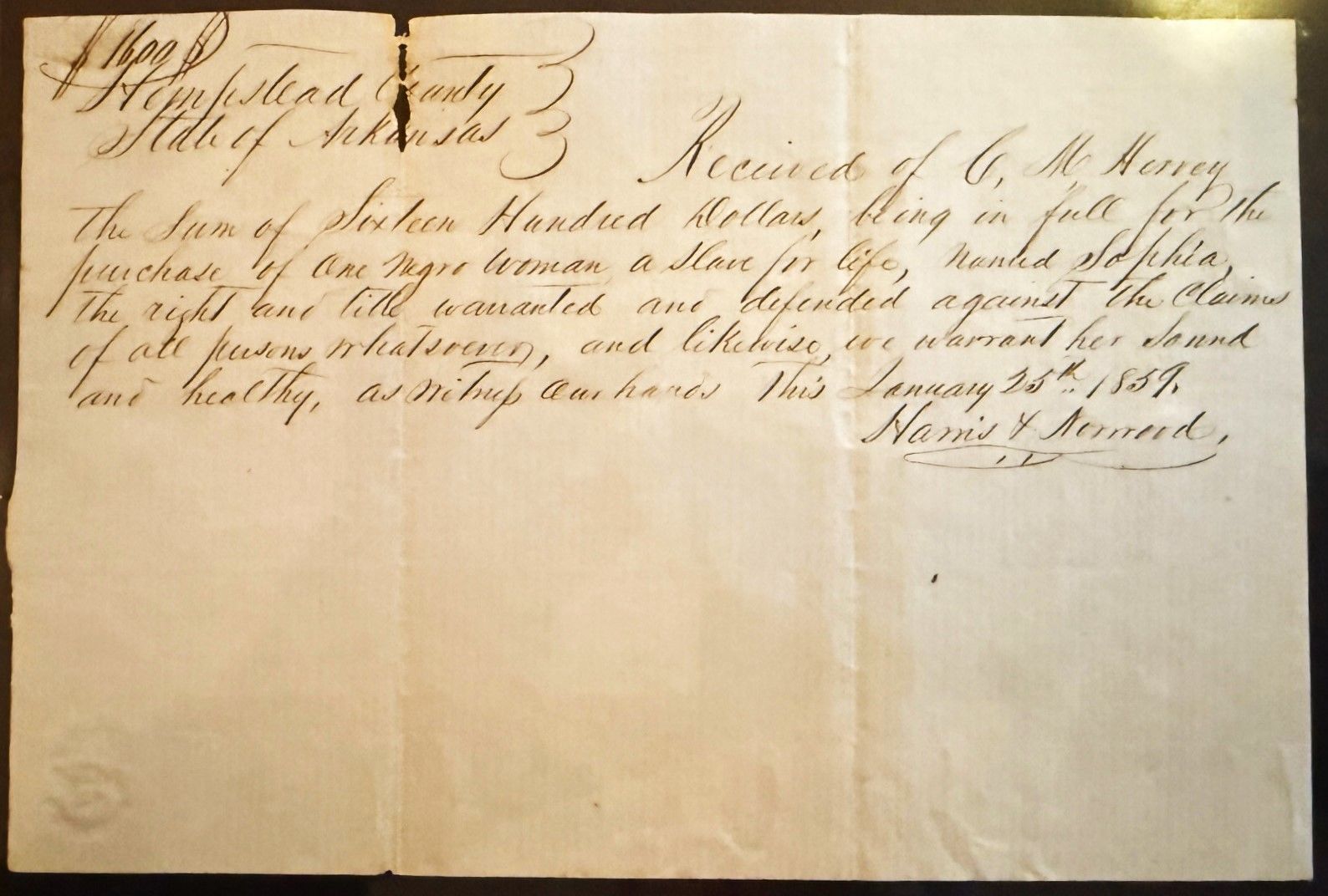 Handwritten Bill of Sale for an Enslaved Woman Named Sophia. Document ...