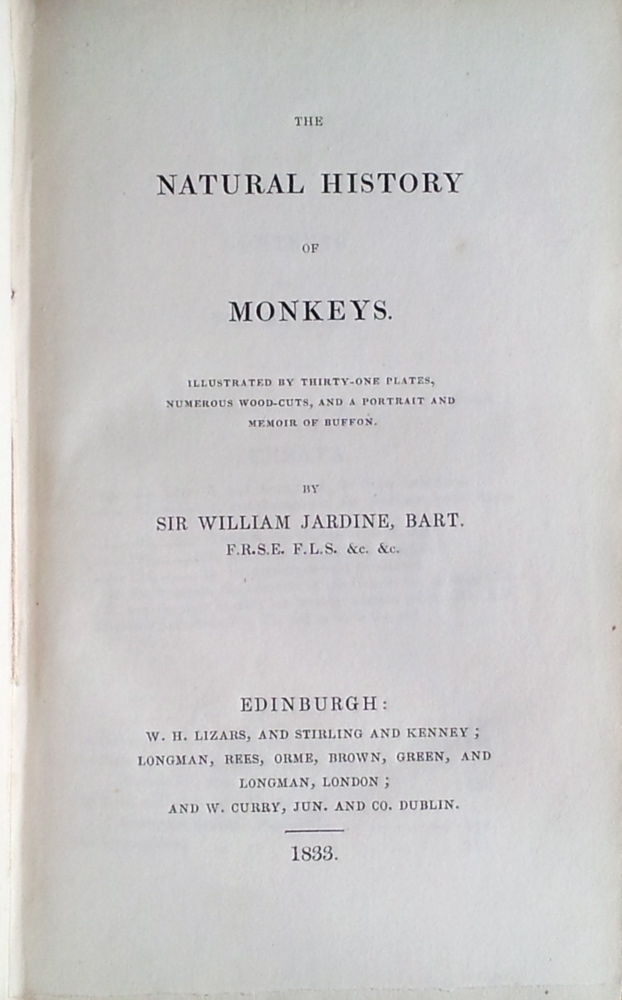BIBLIO | The natural history of monkeys by Jardine, Sir W | Publisher's ...