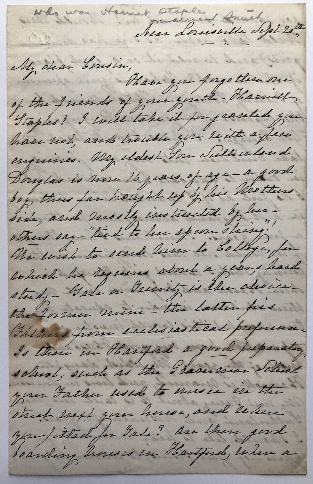 1850s (?) letter from Louisville, KY to cousin in Hartford CT regarding ...
