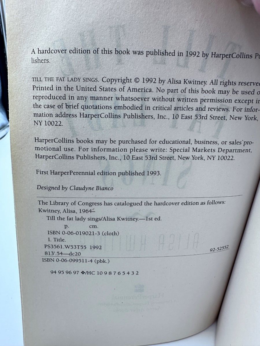 Till the Fat Lady Sings by Alisa Kwitney - Paperback - First Edition; Second Printing - 1993 ...