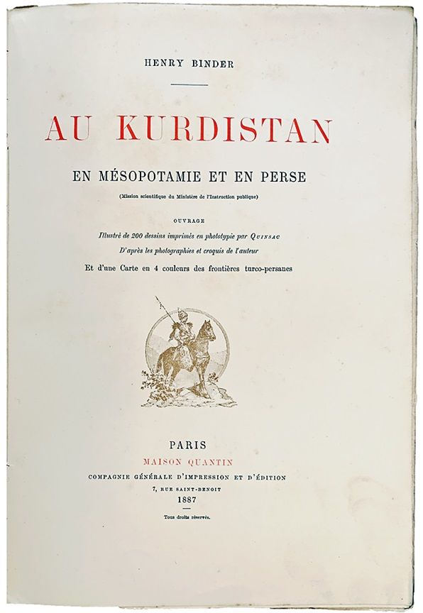 Au Kurdistan en Mesopotamie et en Perse. by BINDER, Henry (b.1855 ...