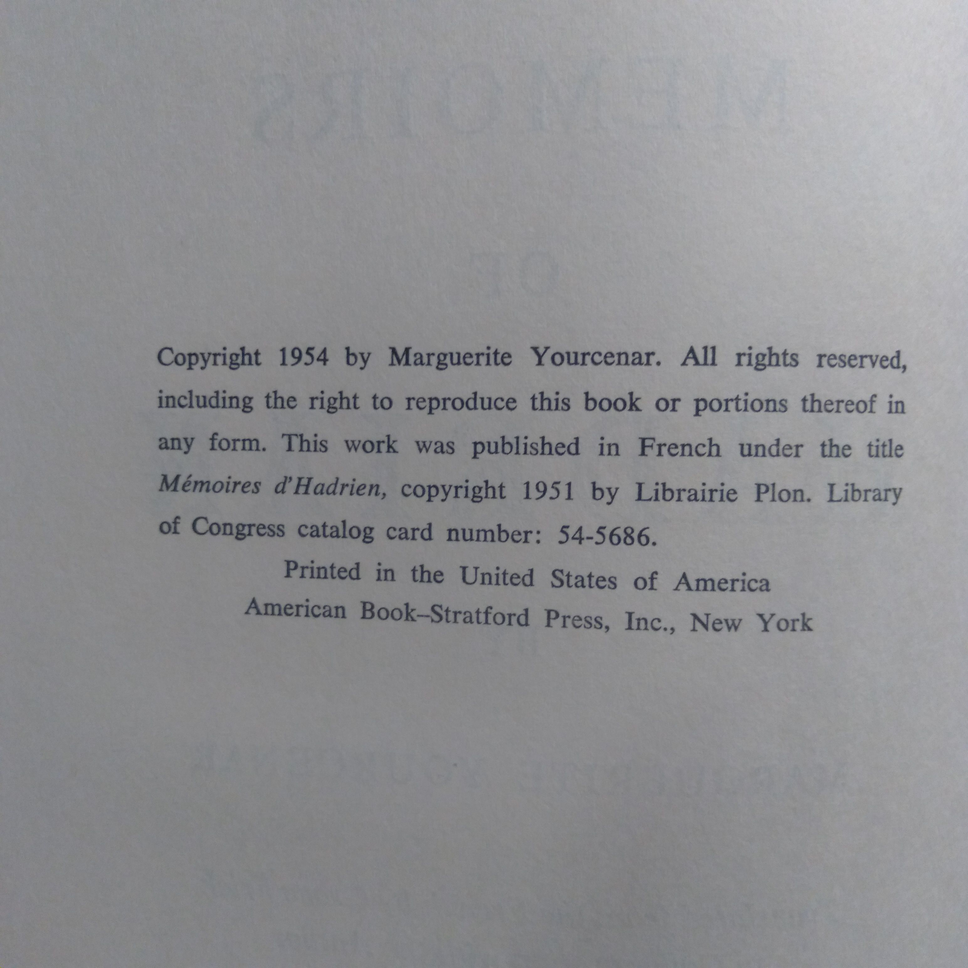 Hadrian's Memoirs by Yourcenar, Marquerite | Hardcover | 1954 | Farrar ...