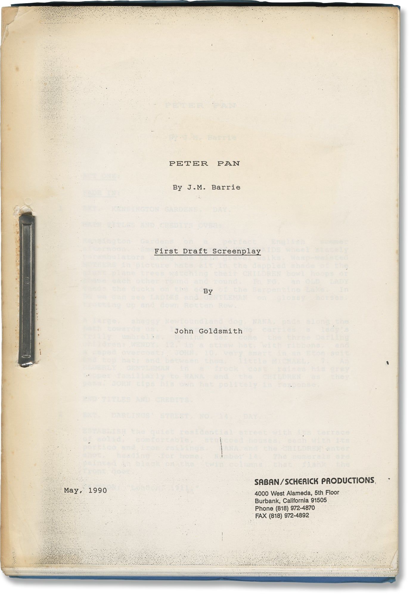 Peter Pan (Original screenplay for an unproduced film) by J.M. Barrie ...