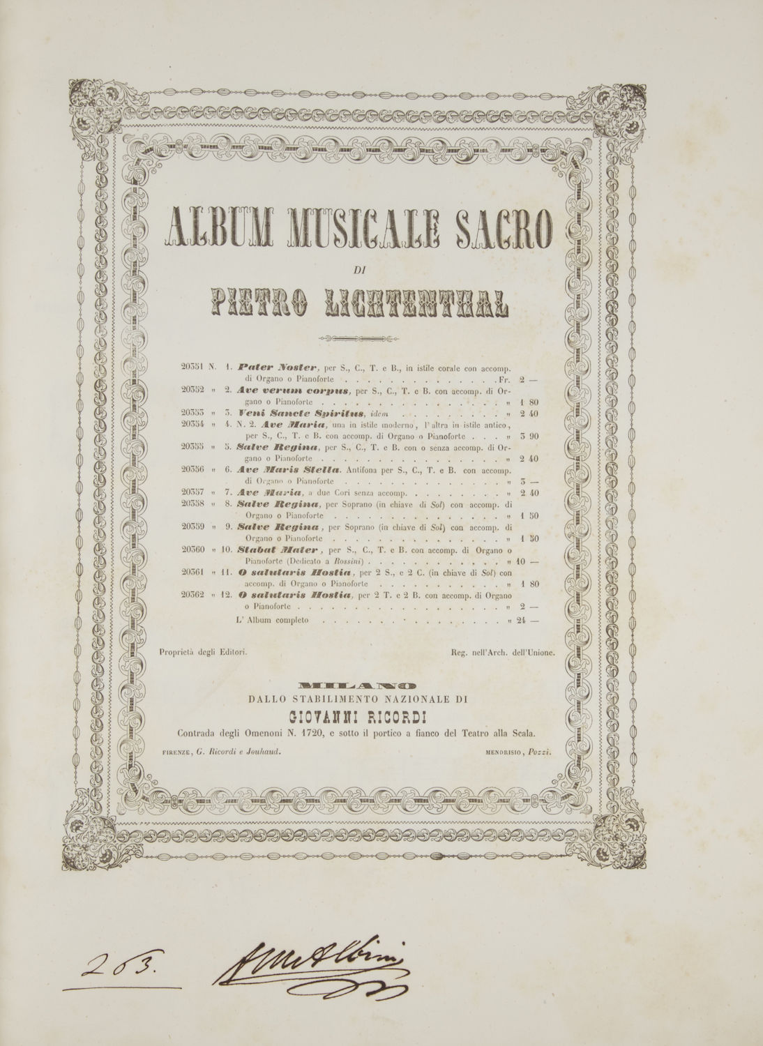Album Musicale Sacro ... Fr. 24. [Piano-vocal score] by LICHTENTHAL ...