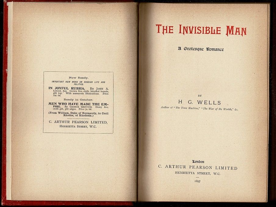 The Invisible Man by Herbert George "H G" Wells (1866-1946) | 1897 | C ...