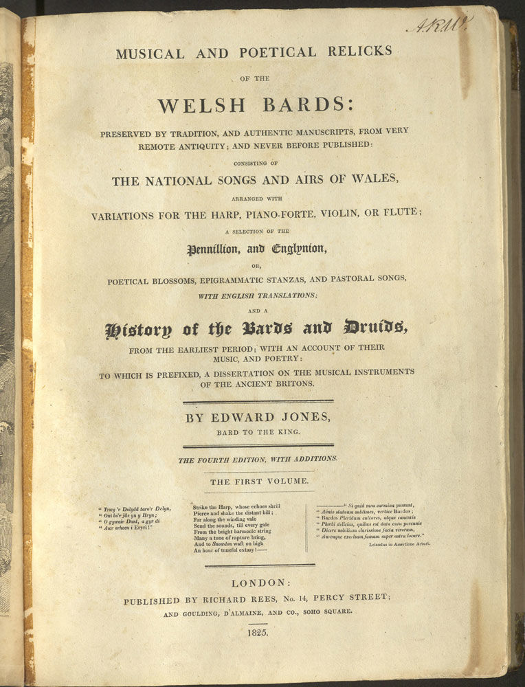 Musical and Poetical Relicks of the Welsh Bards: by JONES Edward (1752 ...