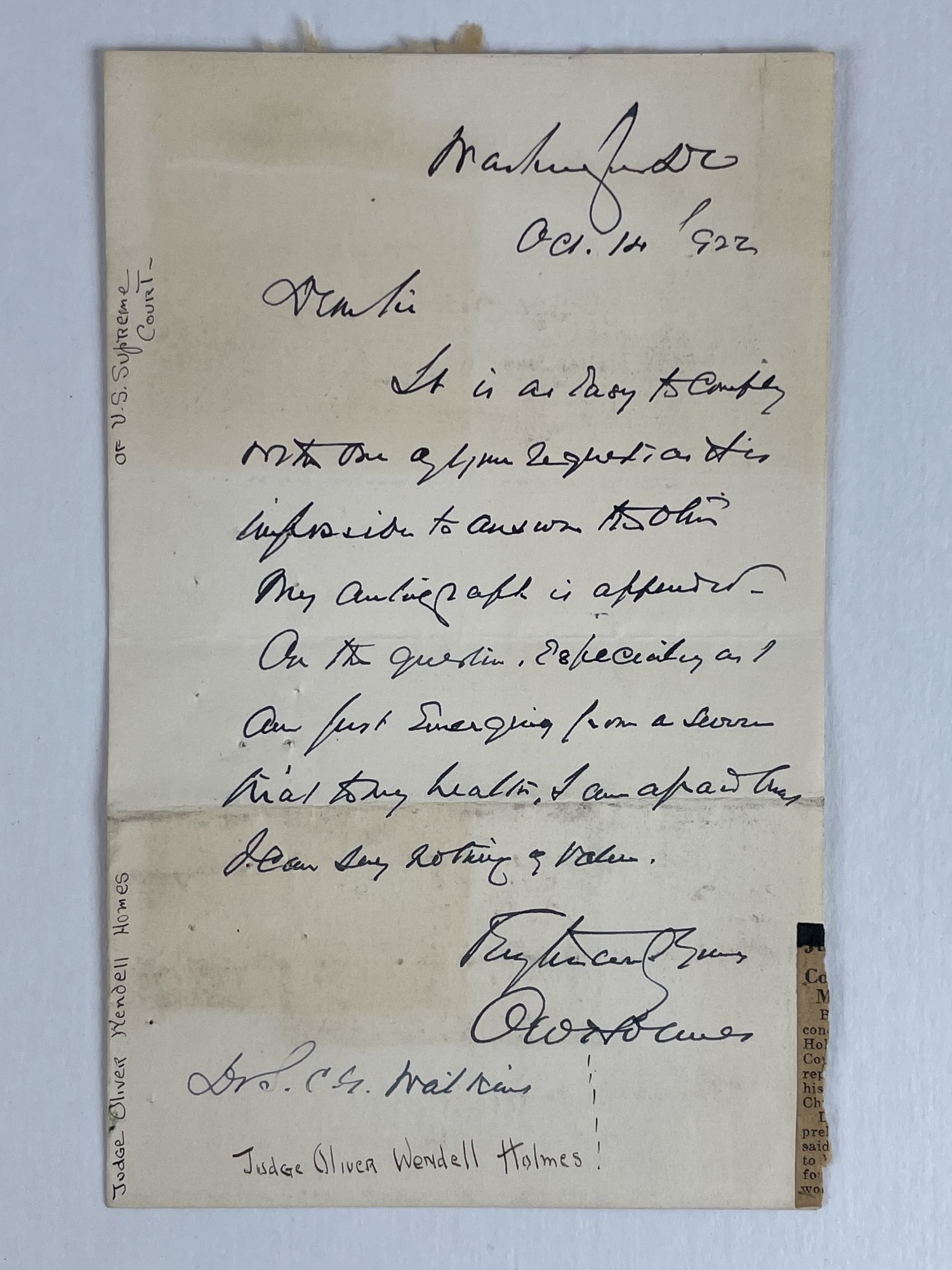 OLIVER WENDELL HOLMES: AUTOGRAPH LETTER SIGNED by Holmes, Oliver ...