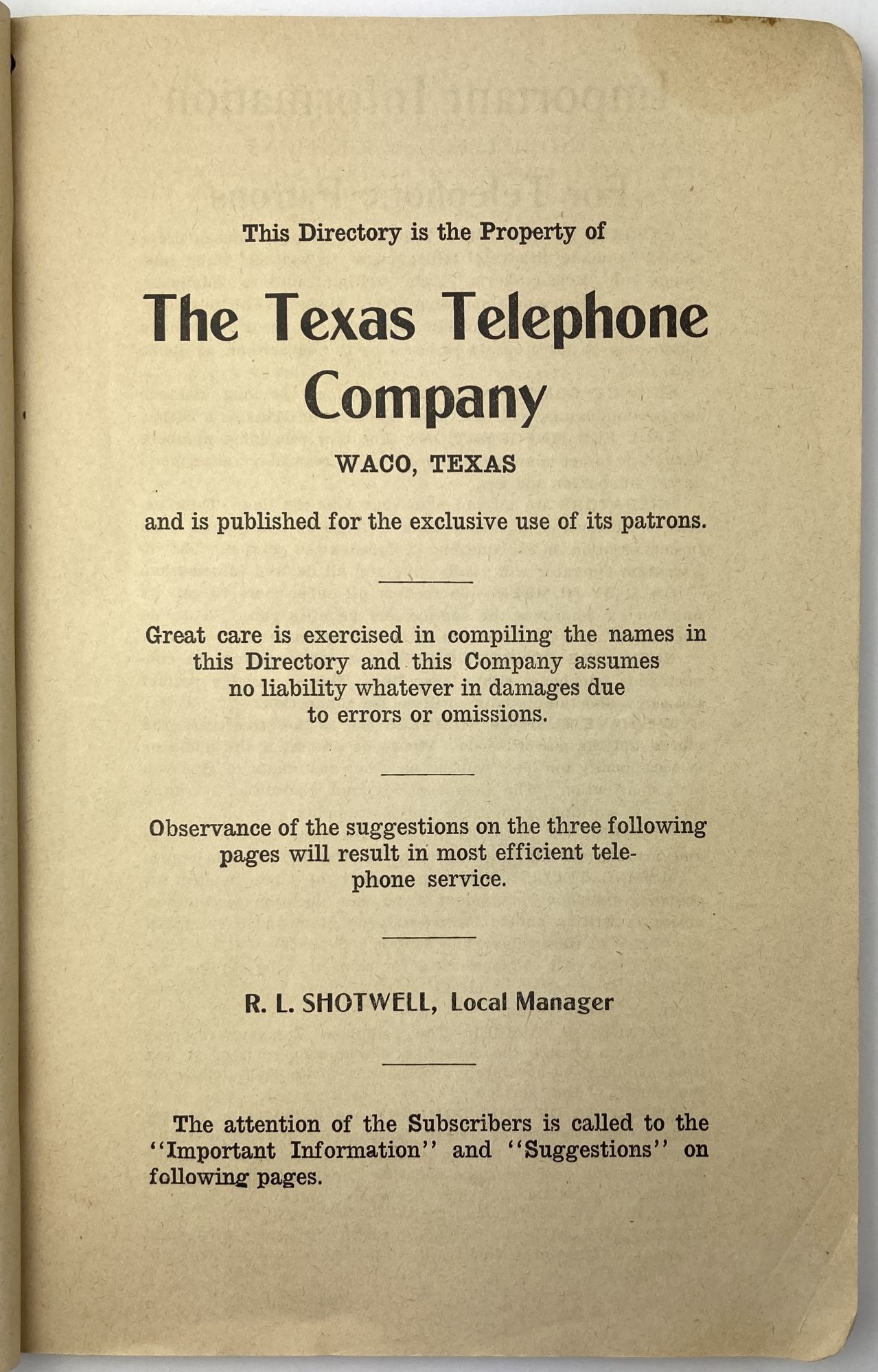 BIBLIO | Texas Telephone Co. Waco. November 1919 by [Texas] | | 1919 ...