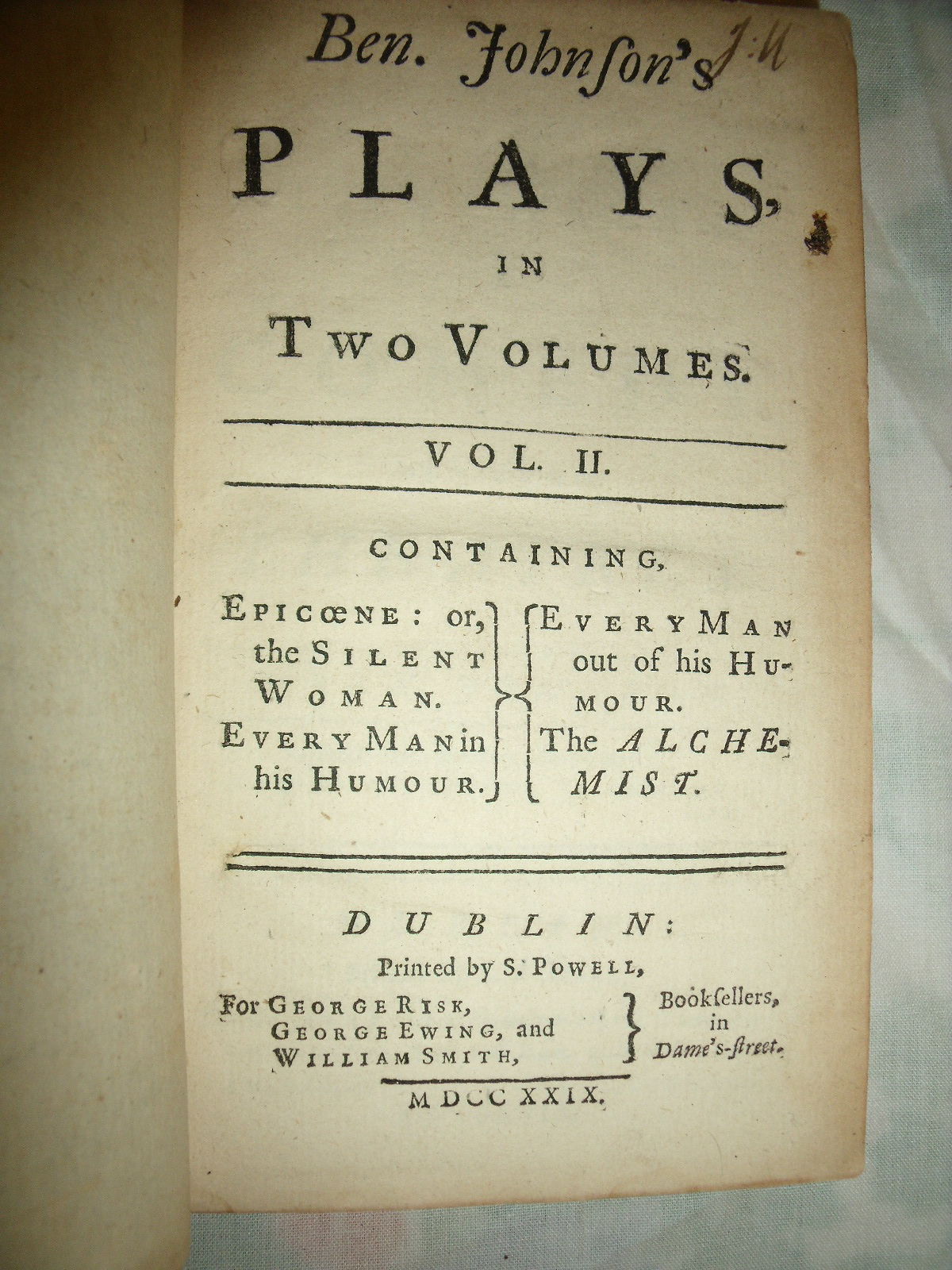 Ben. Johnson's Plays in Two Volumes by Jonson, Ben | Hardcover | 1729 ...