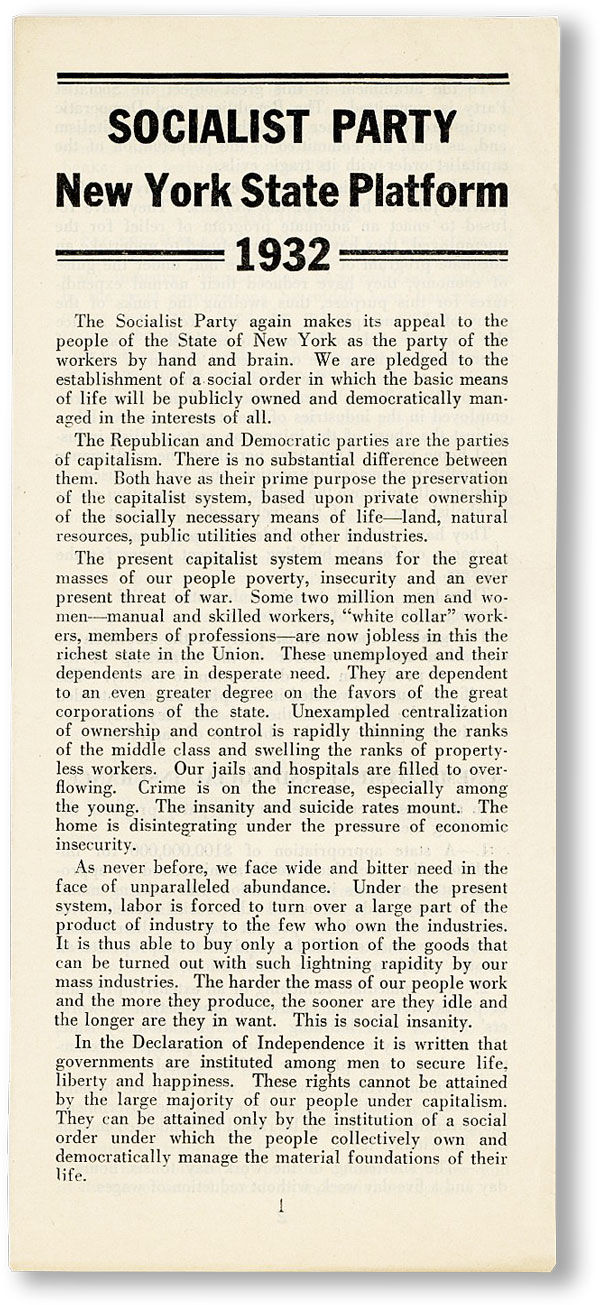 Socialist Party New York State Platform 1932 By New York State