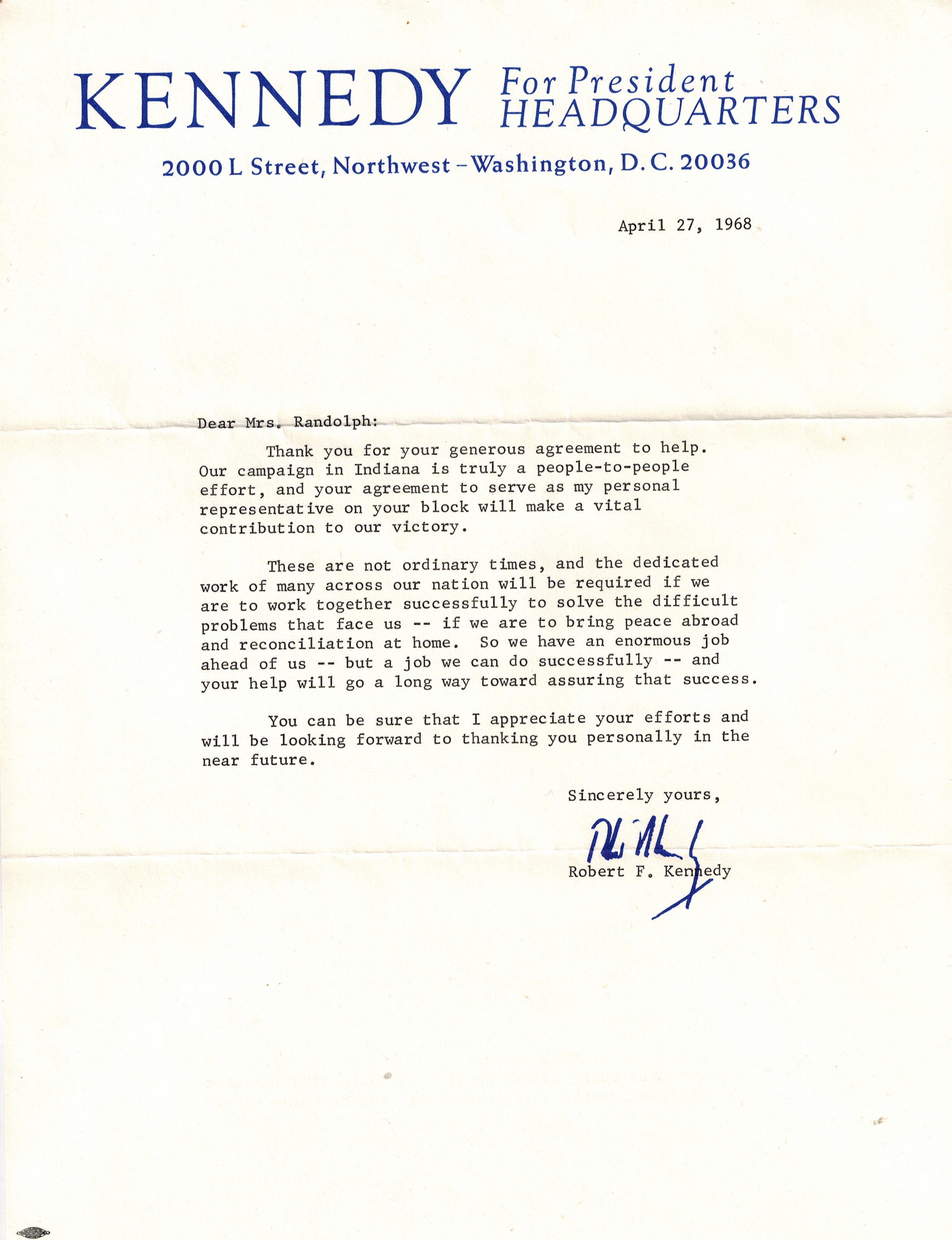 Typed Letter Signed April 27, 1968 on Kennedy For President Letterhead ...