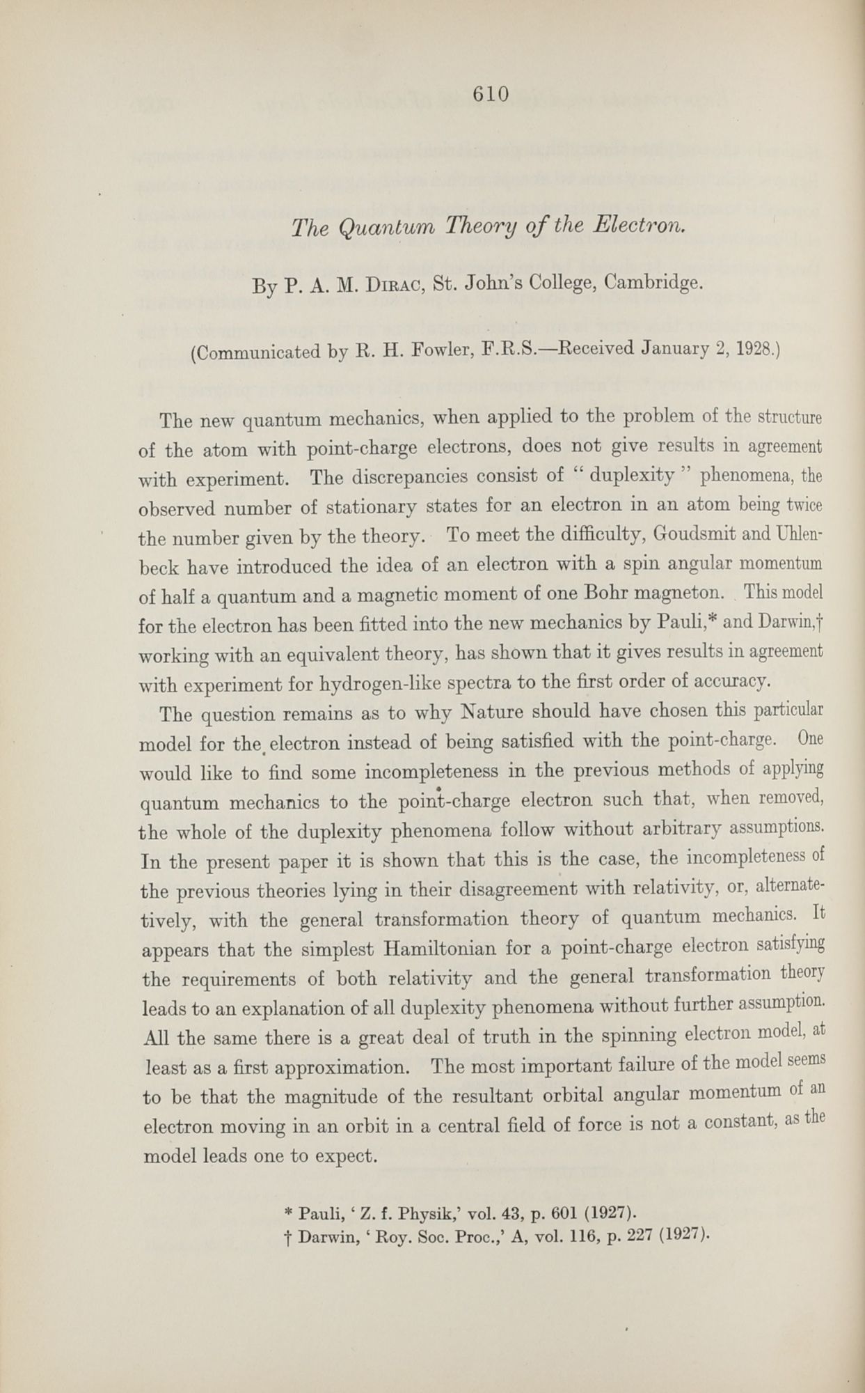 BIBLIO | The Quantum Theory of the Electron. In: Proceedings of the ...