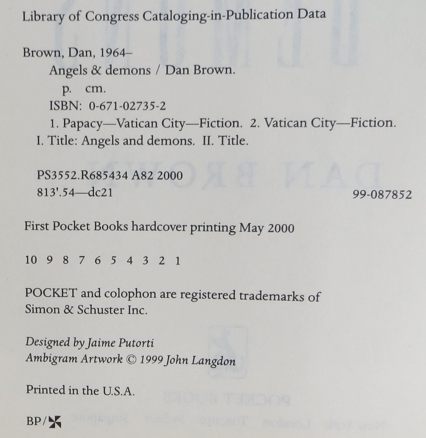 Angels & Demons (Robert Langdon) by Brown, Dan | Hardcover | 2000 | U.S ...