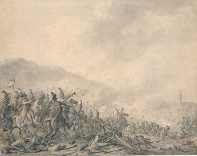 Original drawing - Battle scene of cavalry and infantry, a church in ...