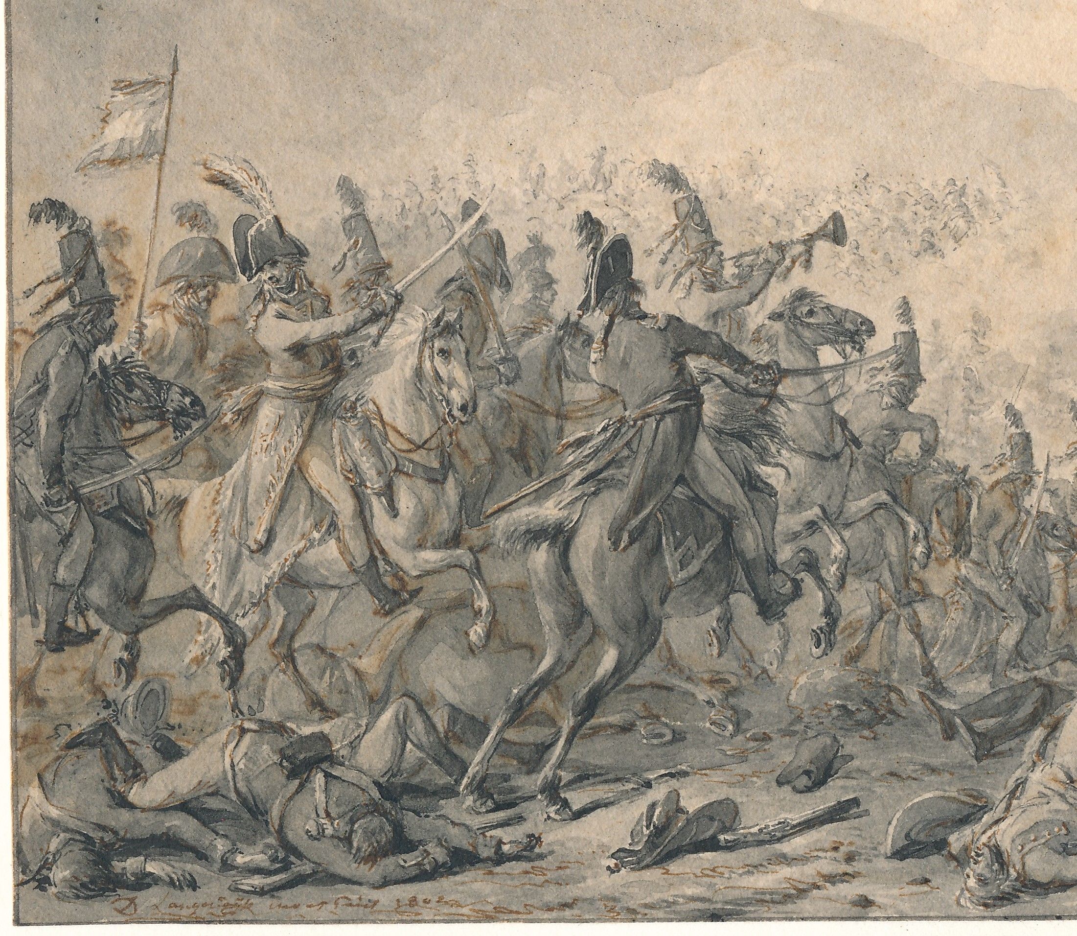 Original drawing - Battle scene of cavalry and infantry, a church in ...