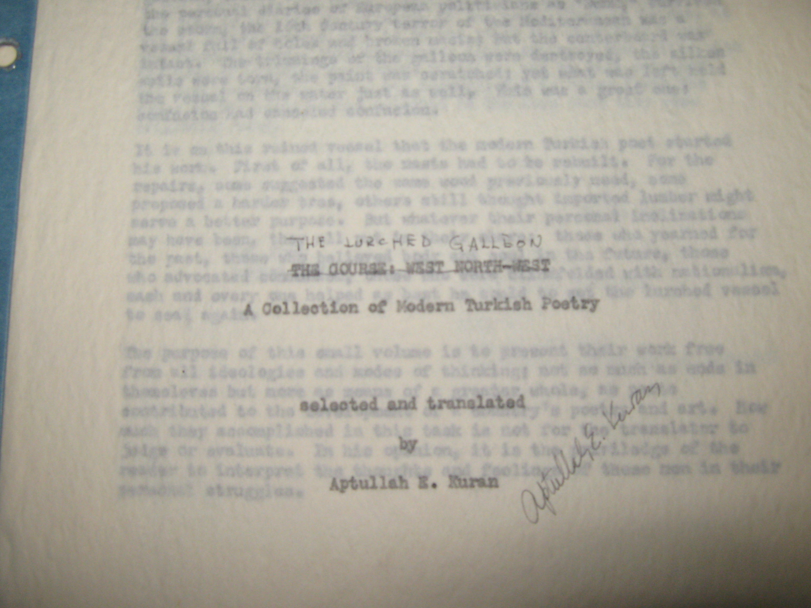 A Collection of Modern Turkish Poetry The Lurched Galleon or The Course ...