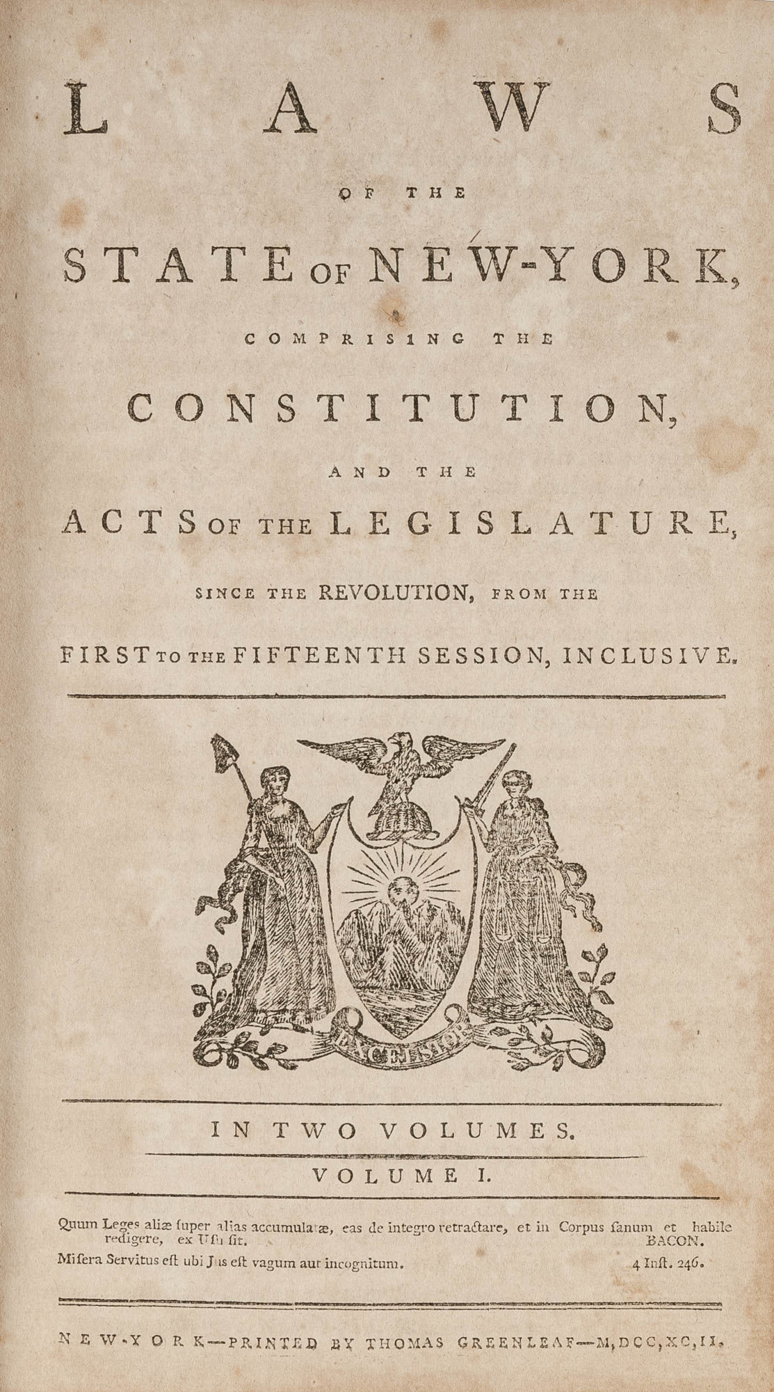 Laws of the State of New-York... New York, 1792. 2 volumes by New York ...