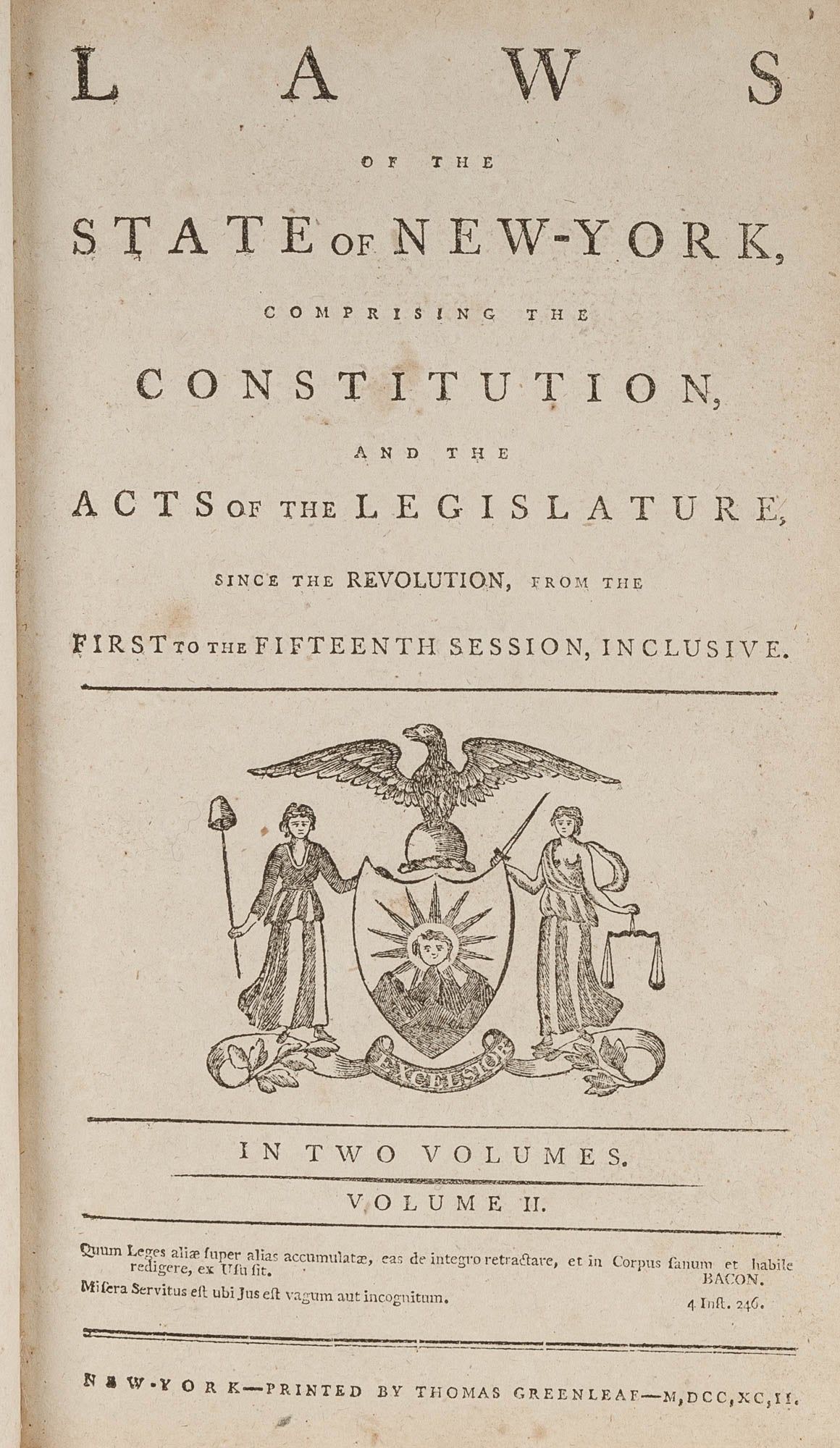 Laws of the State of New-York... New York, 1792. 2 volumes by New York ...