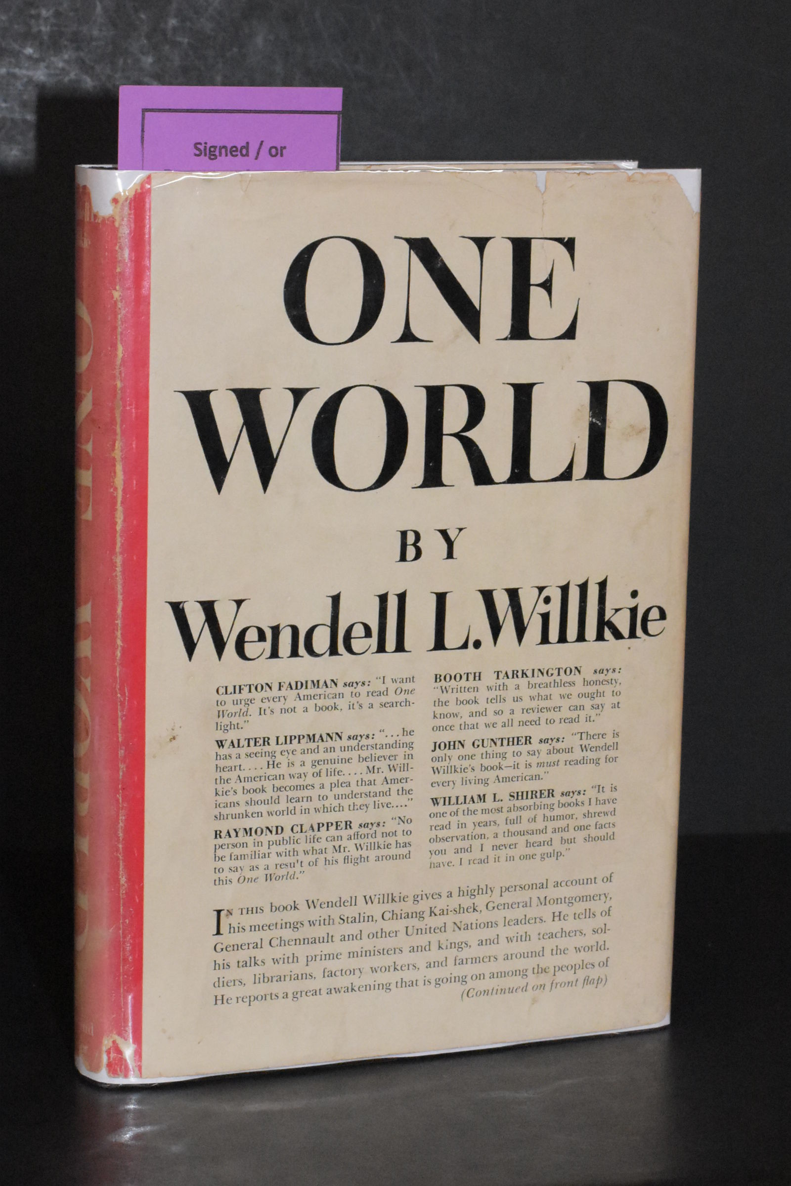 One World by Wendell L. Willkie (AUTHOR SIGNED BOOK AND LETTER ...