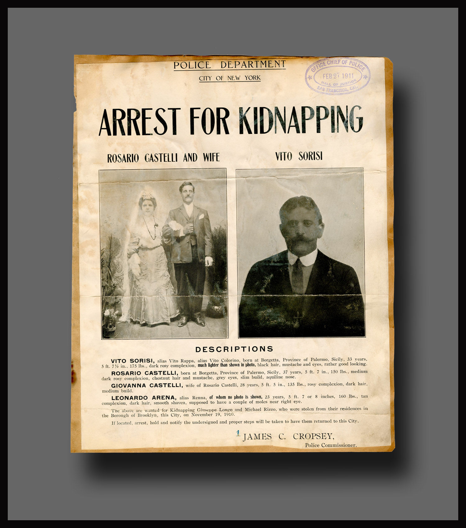 Rare 1910 New York City Black Hand Wanted Poster for kidnappers of two ...