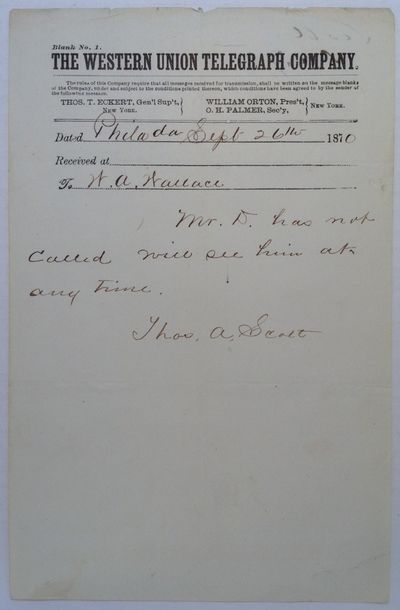 Signed Telegram by SCOTT, Thomas A. (1823 - 1881) | unbound | 1870 | Biblio