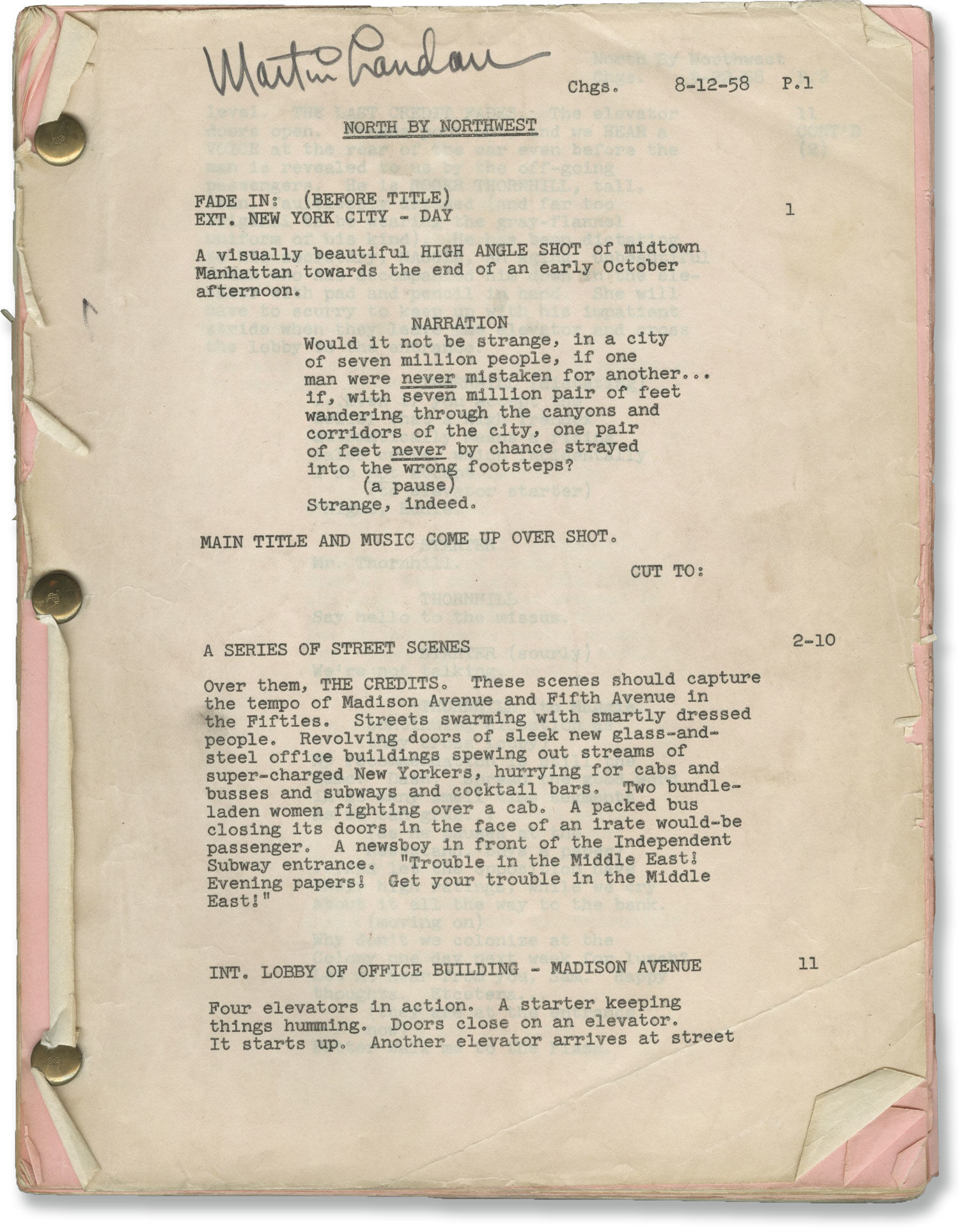 North by Northwest (Original screenplay for the 1959 film belonging to actor Martin Landau) by ...
