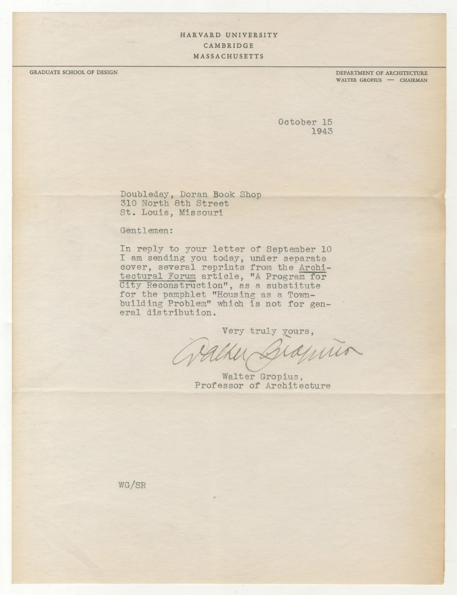 Typed Note Signed by GROPIUS, Walter | Unbound | 1943 | Biblio