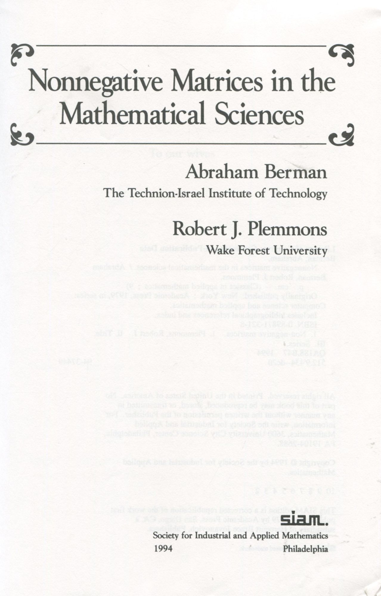 Nonnegative Matrices in the Mathematical Sciences by Berman, Abraham; Plemmons, Robert J ...