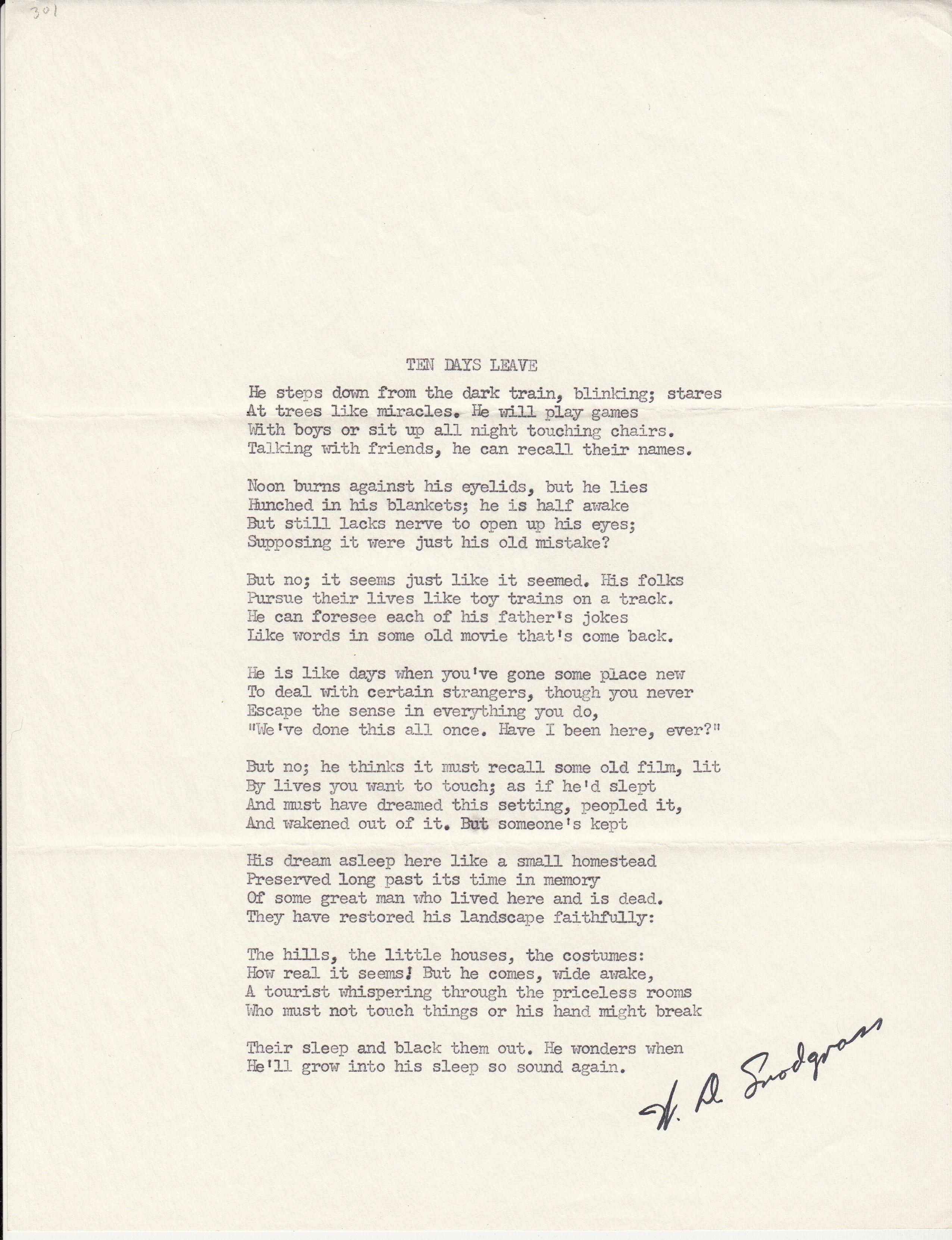 Ten Days Leave. Typed poem signed by Snodgrass, W.D | n.d. | Biblio