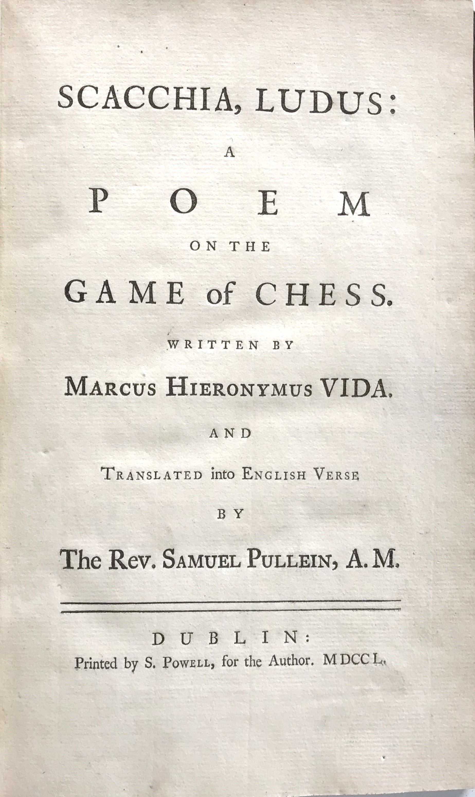 BIBLIO | Scacchia, Ludus: A Poem on the Game of Chess. by VIDA, Marcus ...