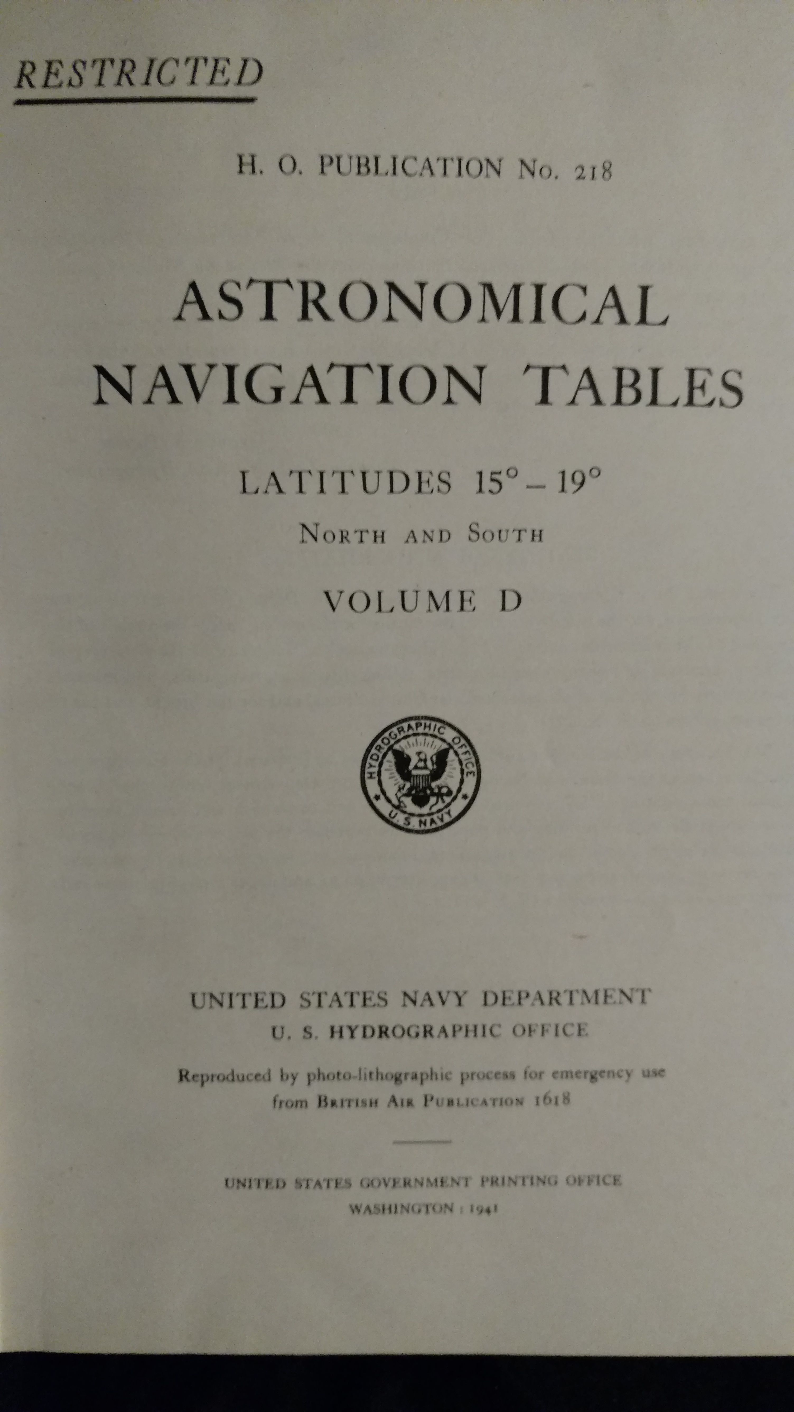 BIBLIO | ASTRONOMICAL NAVIGATION TABLES, LATITUDES 15-19 DEGREES, NORTH ...