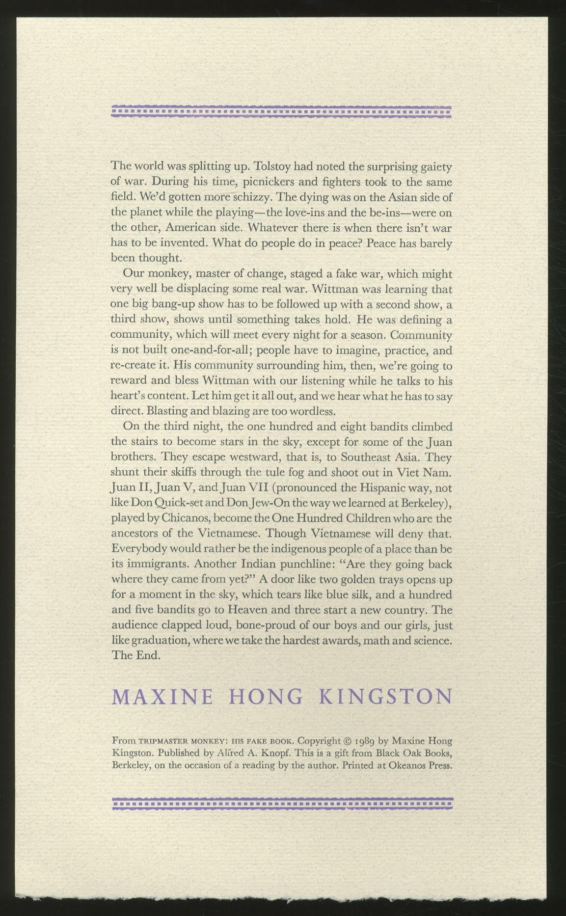 [Broadside]: Tripmaster Monkey: His Face Book by KINGSTON, Maxine Hong ...