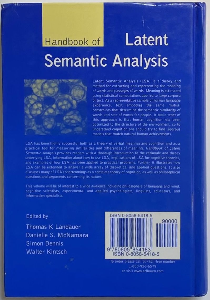 Handbook Of Latent Semantic Analysis By Walter Kintsch Simon Denis First Edition 2007 From 