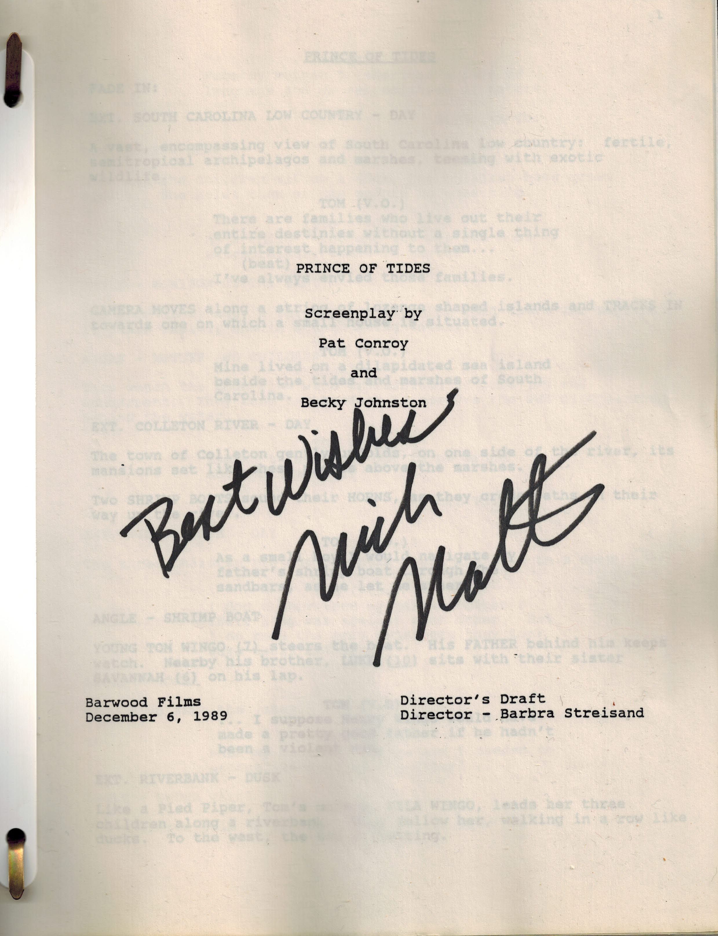 PRINCE OF TIDES Original Script for the 1991 Film Directed By Barbra ...