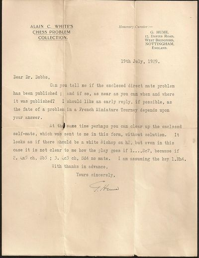 Letter from George Hume to Gilbert Dobbs by George Hume (1862-1936 ...