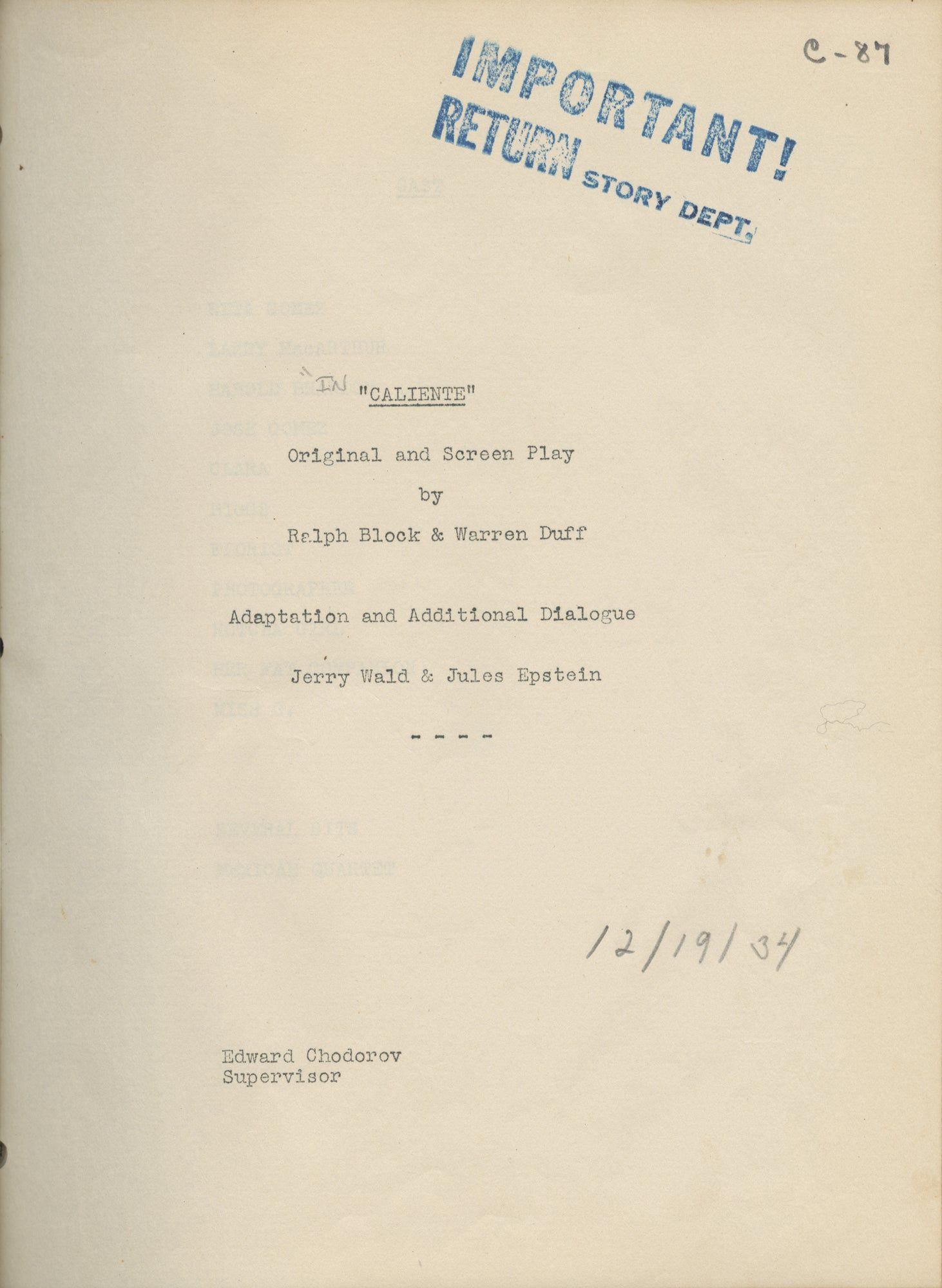 [In] Caliente (Original screenplay for the 1935 film, presentation copy ...