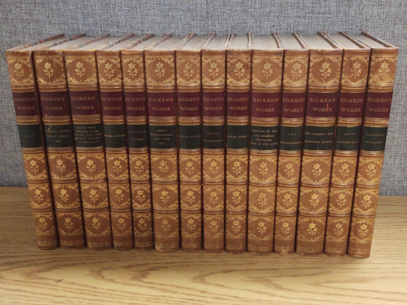 Dickens Works 14 volumes with 22 books 3/4 leather fine binding 1870's ...