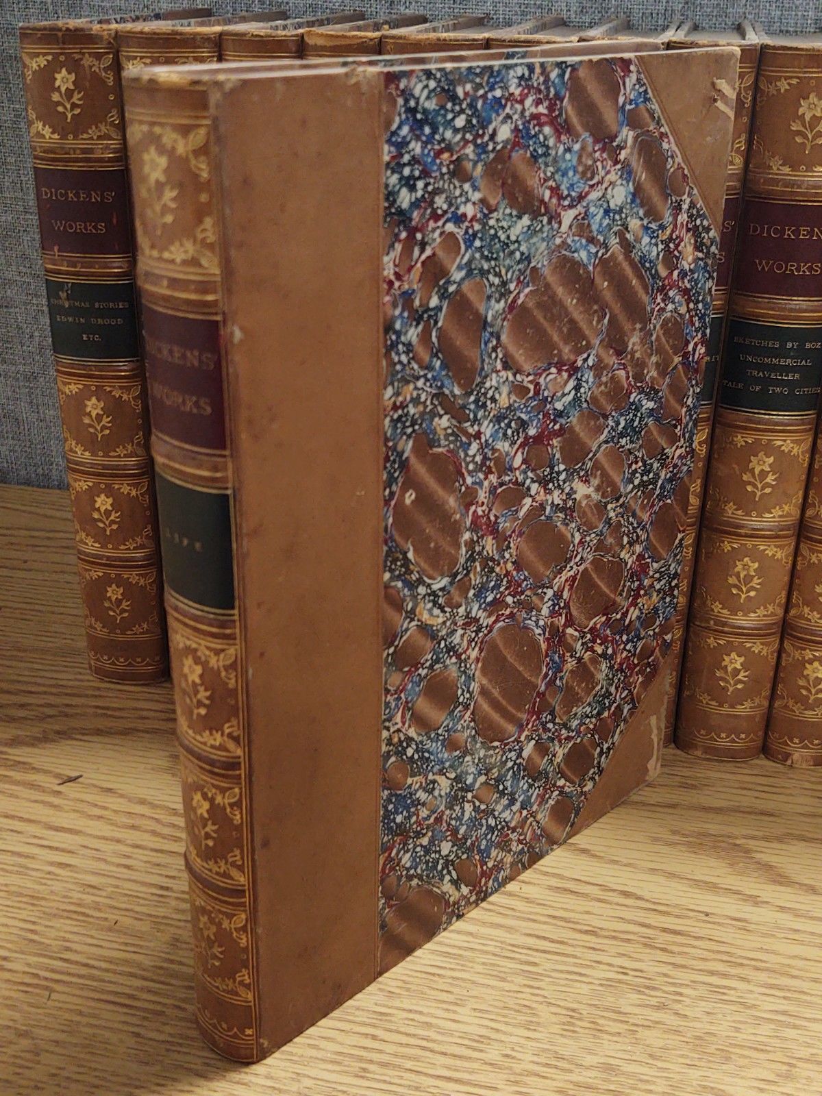 Dickens Works 14 volumes with 22 books 3/4 leather fine binding 1870's ...