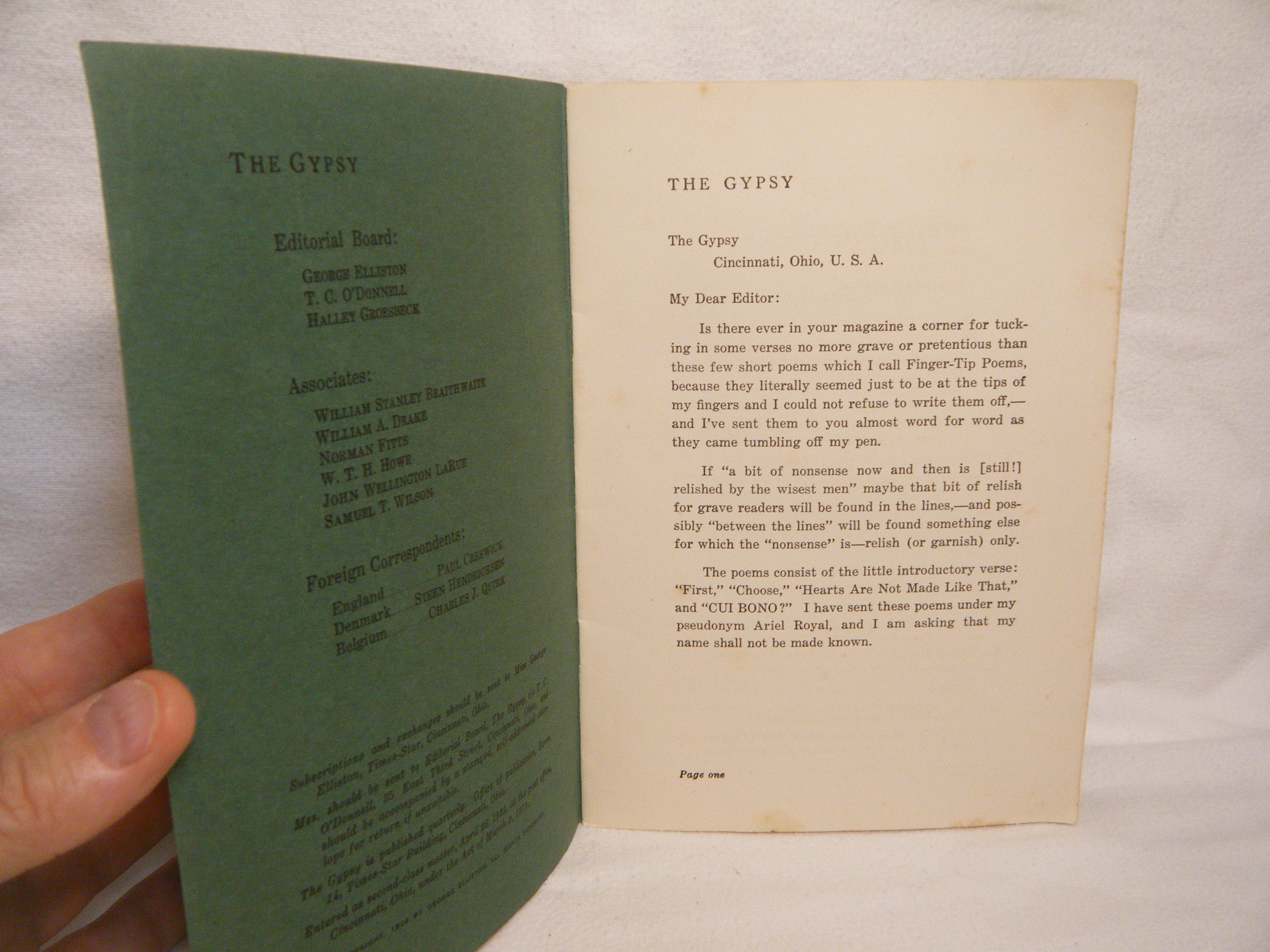 The Gypsy: Cincinnati all Poetry Magazine. Winter Issue December, 1926 ...